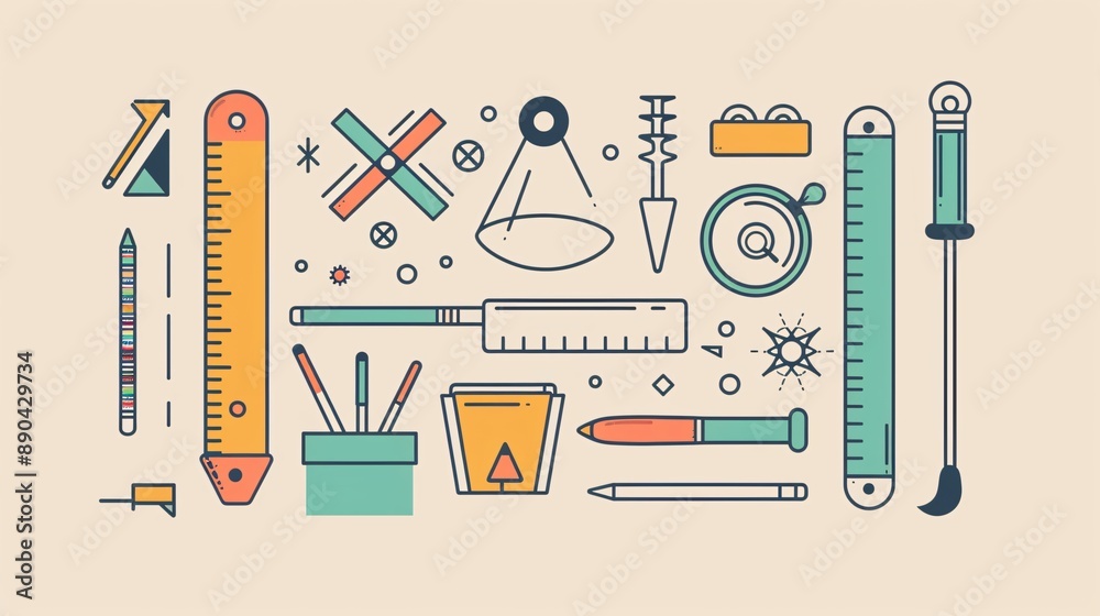 Minimalist text with simple line drawings of school objects like rulers ...