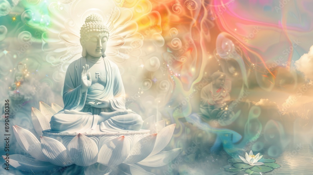 Fantasy Buddha illustration with aura of energy, white lotus flower ...