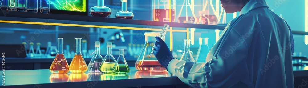 Teacher demonstrating a virtual chemistry experiment, hightech lab ...