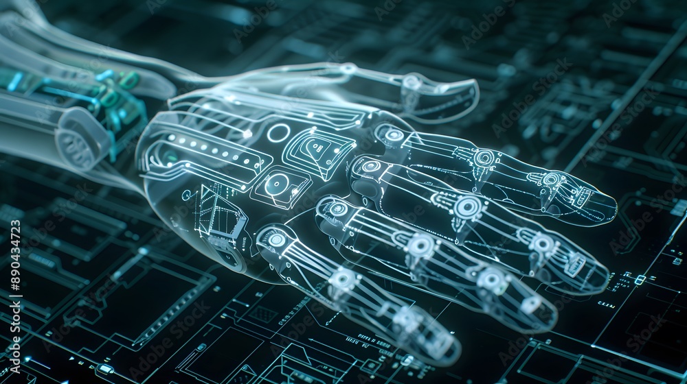 A robotic hand is shown on a piece of paper with a drawing of a human ...