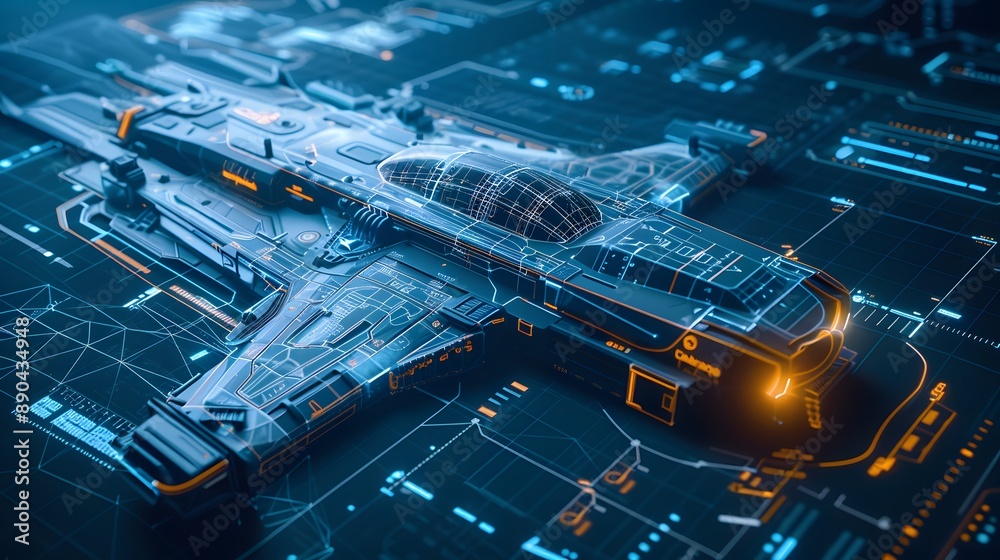 A futuristic space ship is shown in a blue and green color scheme. The ...
