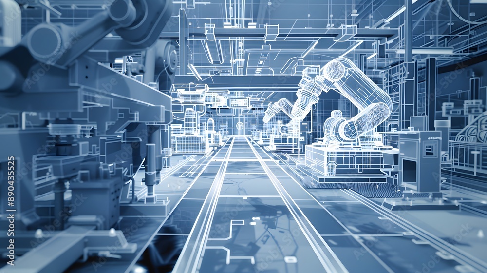 A robot factory with many robots on a conveyor belt. The robots are all ...