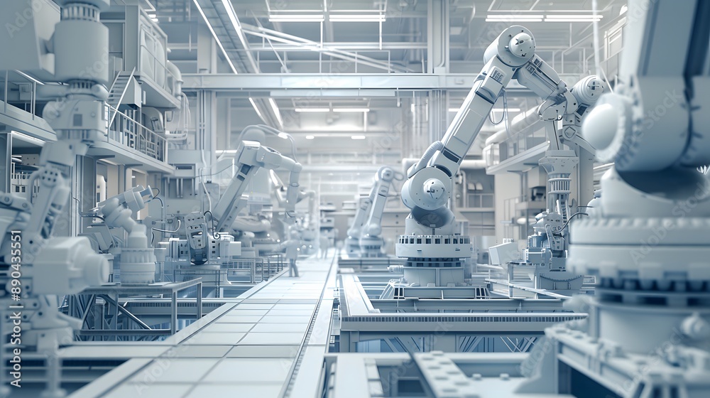 A robot factory with many robots on a conveyor belt. The robots are all ...