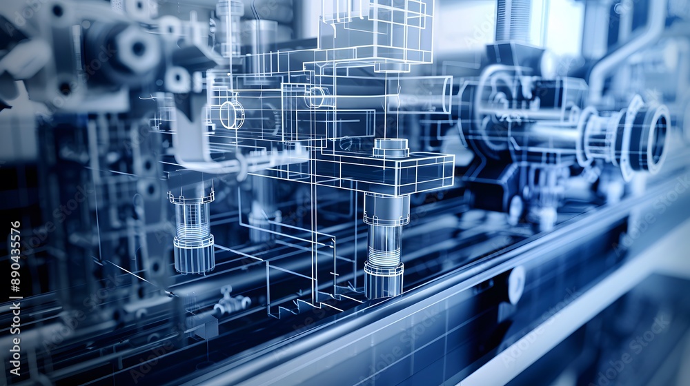 A computer generated image of a factory with pipes and valves. The ...