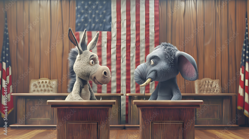 Cartoon donkey and elephant characters engaged in a political debate ...
