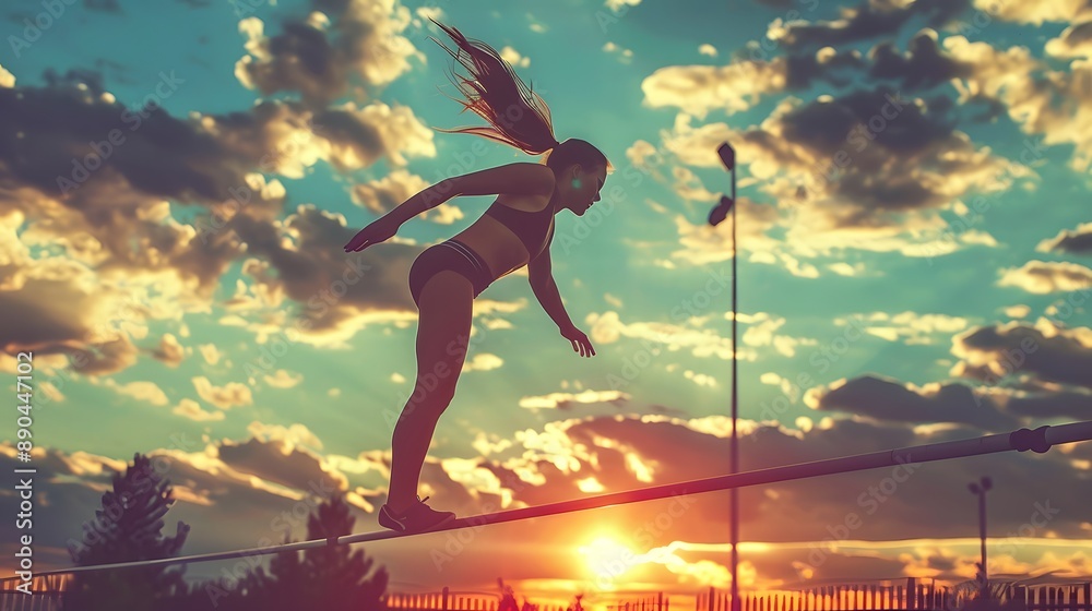 High jump, woman and fitness with exercise, sport and athlete in a ...