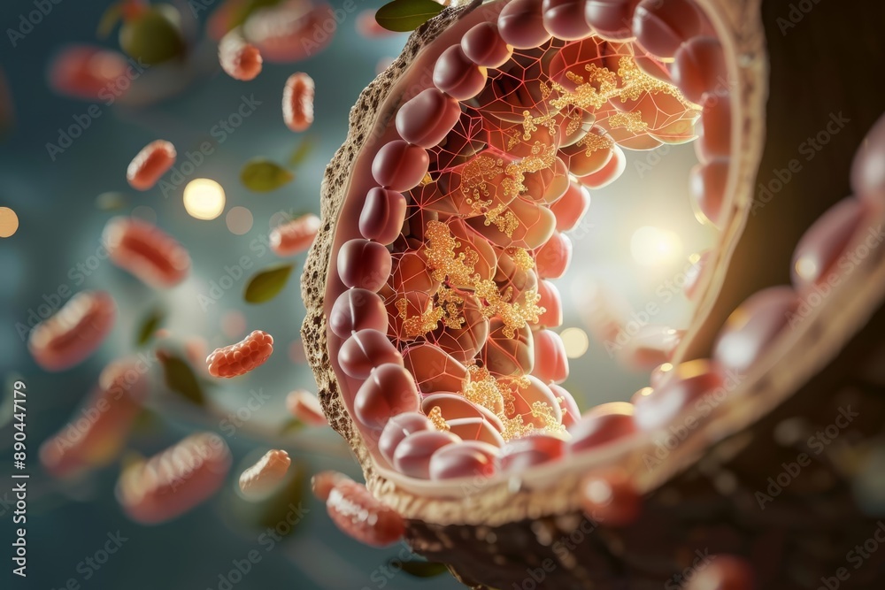 Cross-section of a healthy gut with strong cell connections and ...