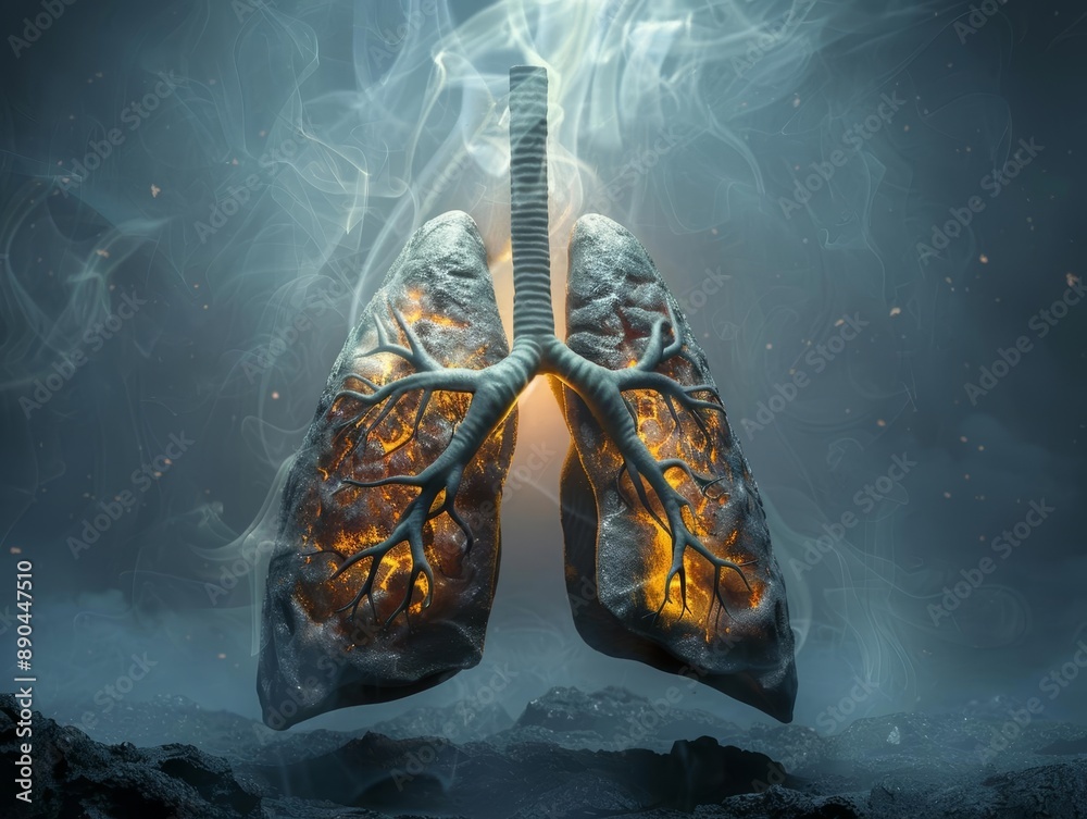 Illustration of unhealthy lungs with visible inflammation and tar build ...