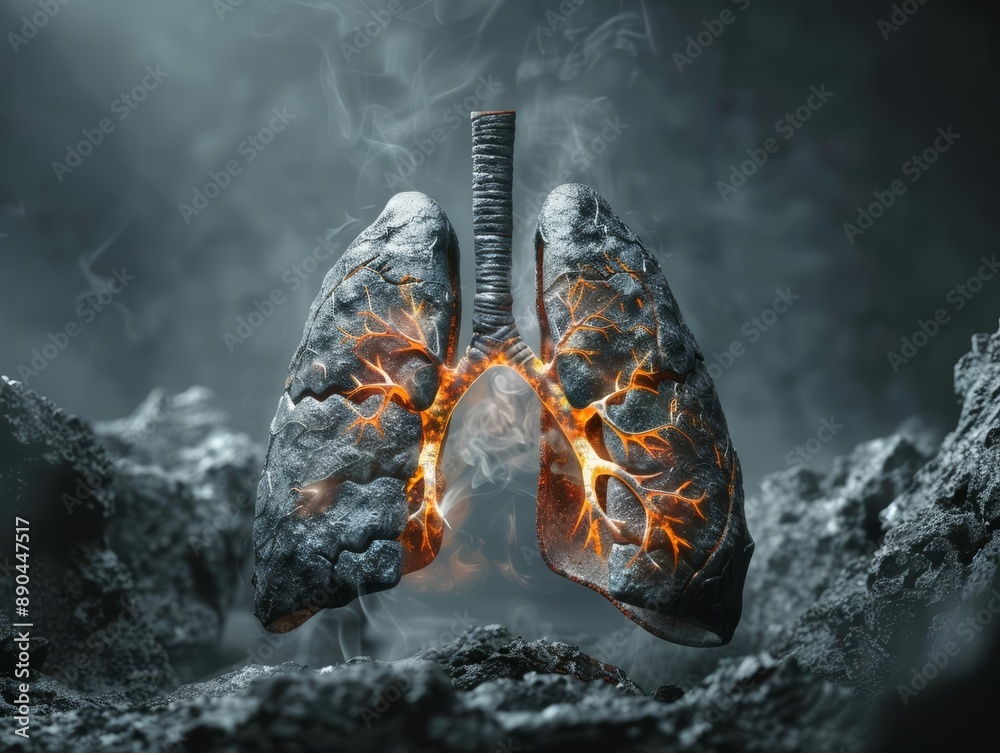 Illustration of unhealthy lungs with visible inflammation and tar build ...