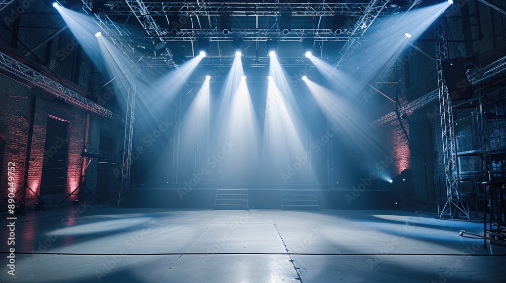Stage rigging with walkway, dark studio. Generative AI. Stock Photo ...