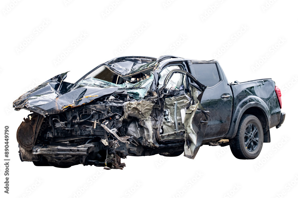 Car crash, Front and Side view of new black pickup car get damaged by ...