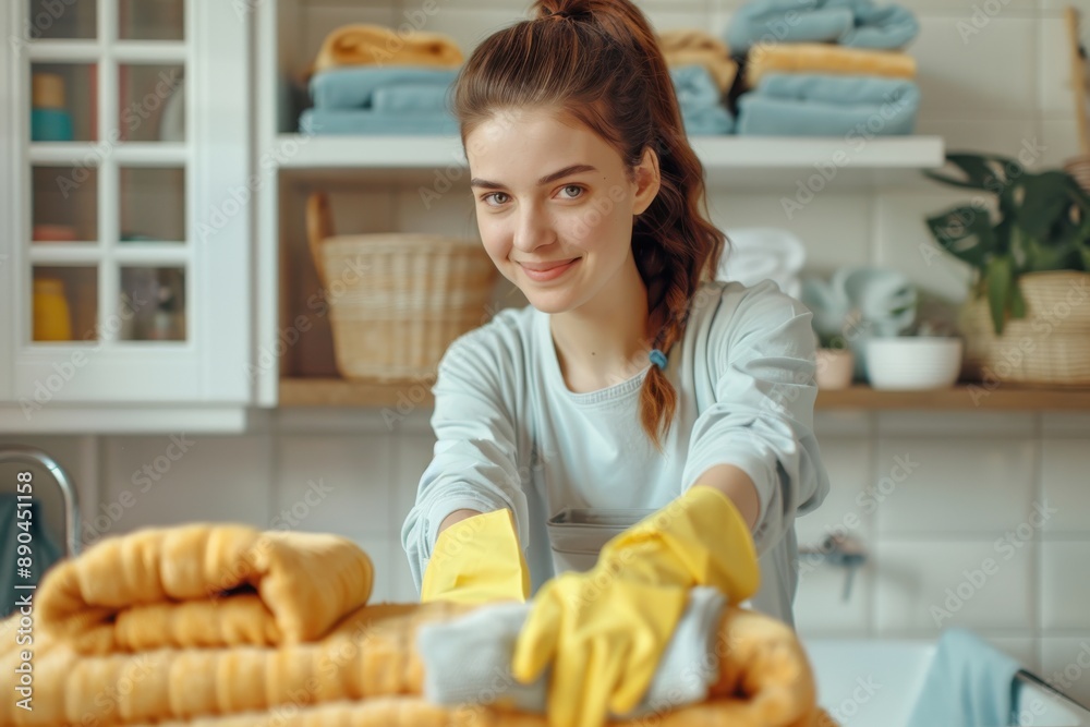 A young woman, wearing yellow gloves and folding towels in a well ...
