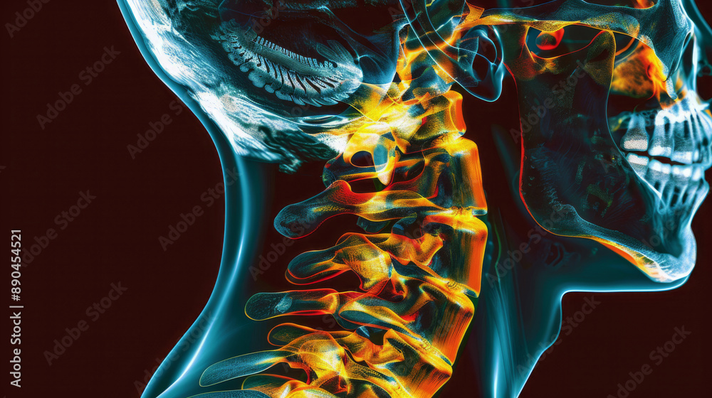 Human skeleton neck x-ray image showing cervical vertebrae, for medical ...