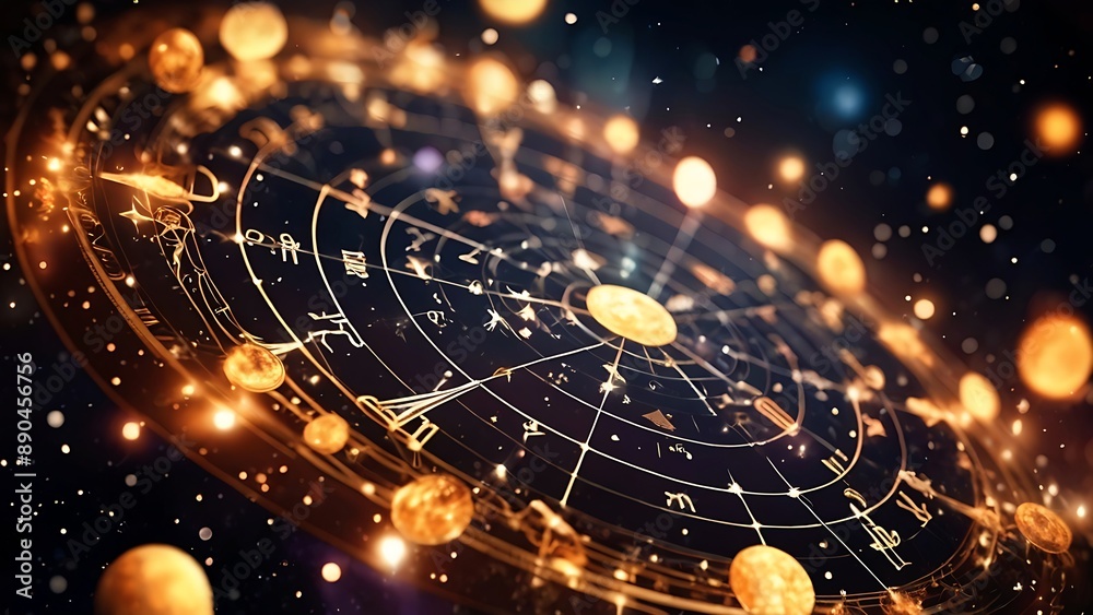 Golden celestial chart featuring planets and stars on a vibrant blue ...