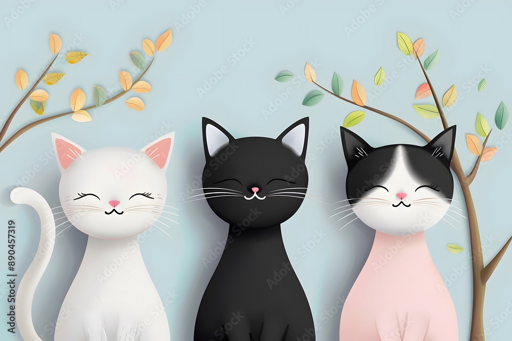 Three smiling cartoon cats with closed eyes on pastel background ...