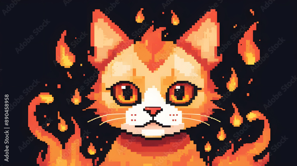 cute pixel art cat made of fire, cartoon-style, bright warm colors ...