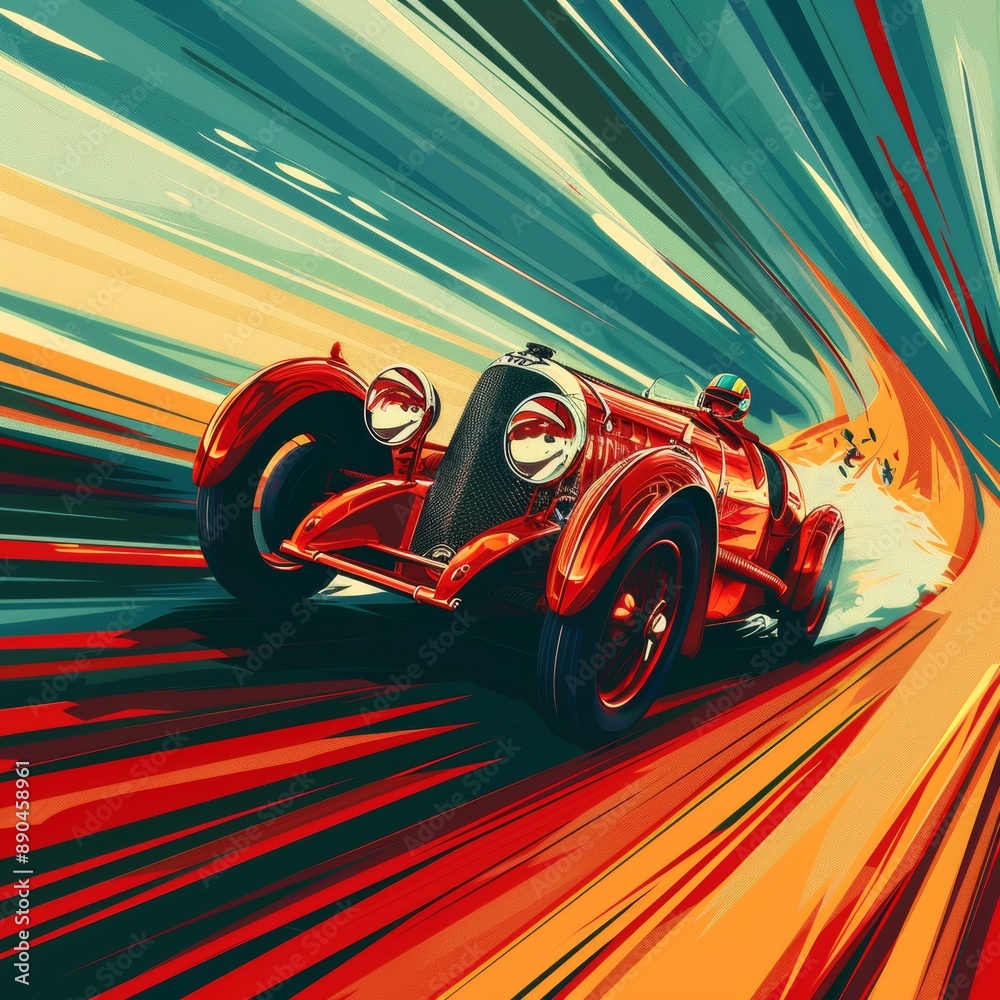 ภาพประกอบสต็อก Speeding Through Time: Retro Classic Car Race Poster ...
