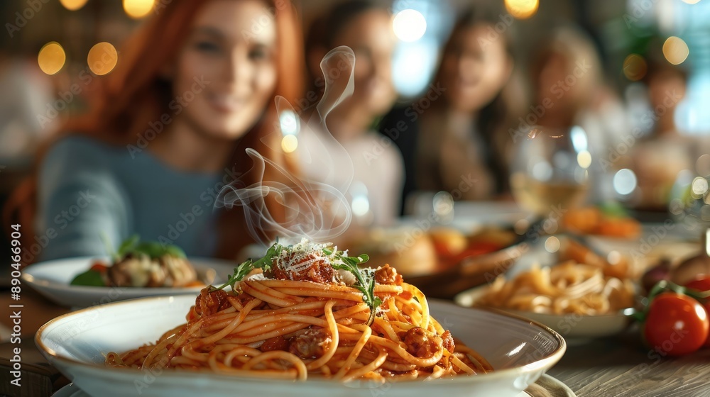 Beautifully set table with a steaming plate of spaghetti at its center ...