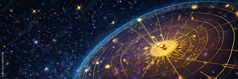Golden celestial chart featuring planets and stars on a vibrant blue ...