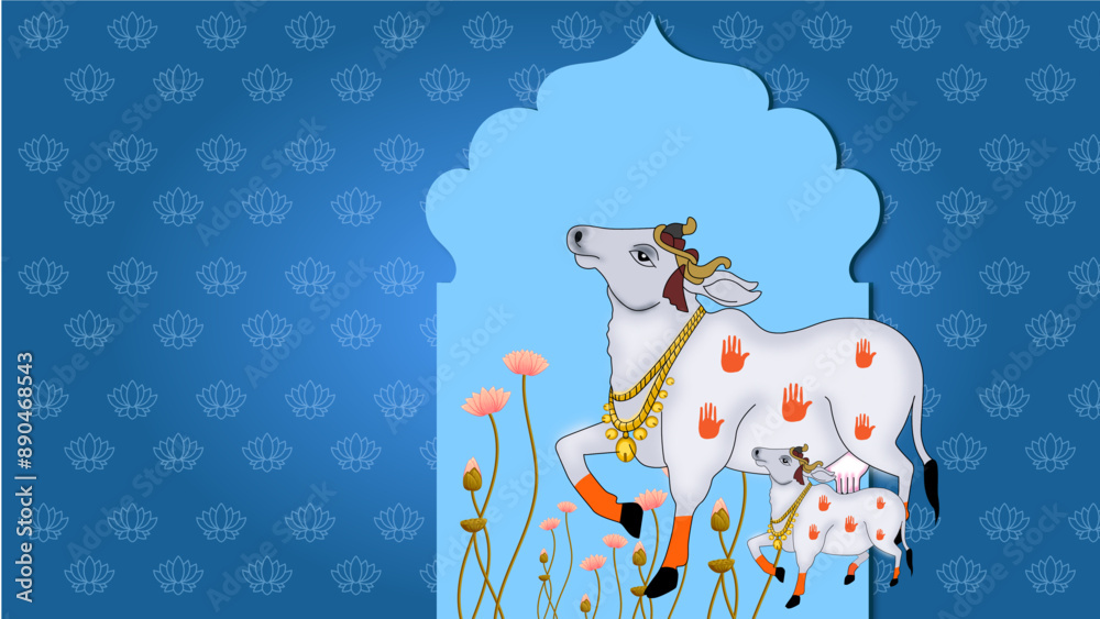 Indian traditional pichwai art cow illustration with lotus flowers ...