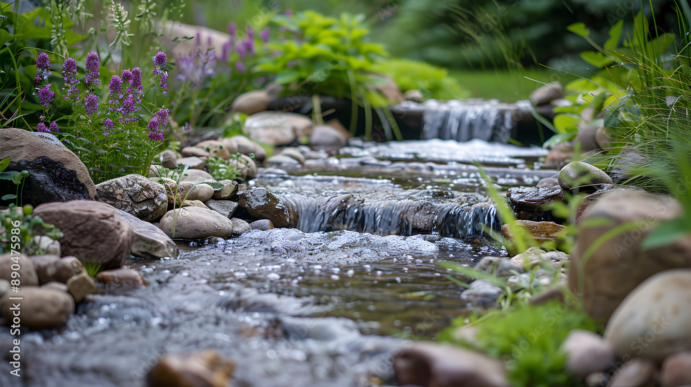 Artificial stream garden using recirculating pump, planted with ...