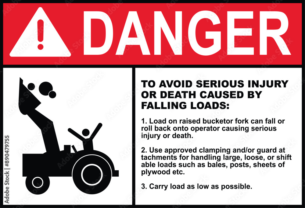 Danger to avoid serious injury and death caused by falling loads sign ...