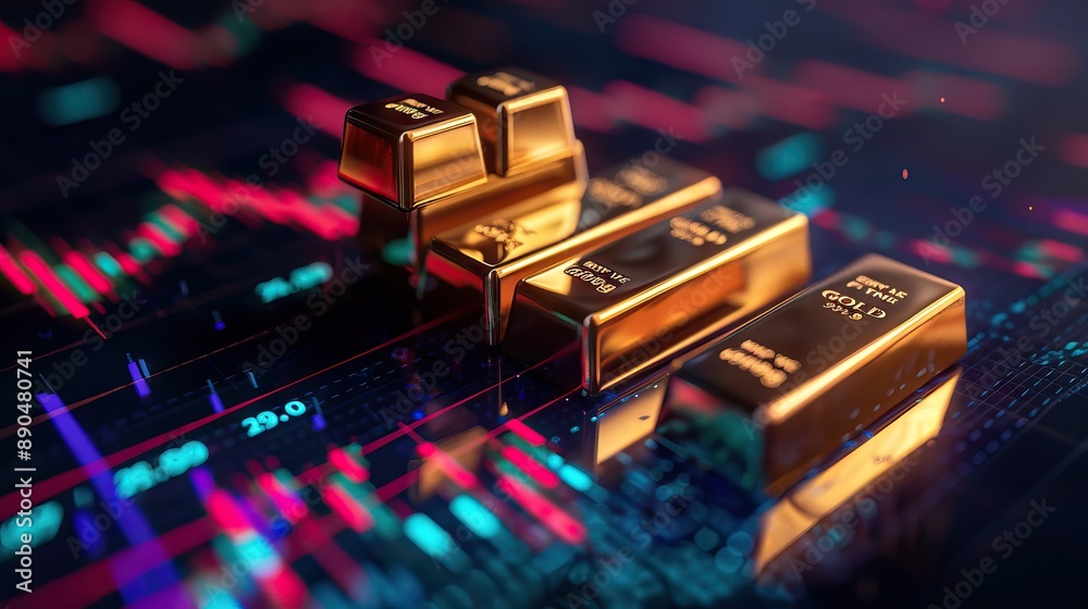 stack of shiny gold bars on down trend financial gold price graph ,concept of economy crash and ...