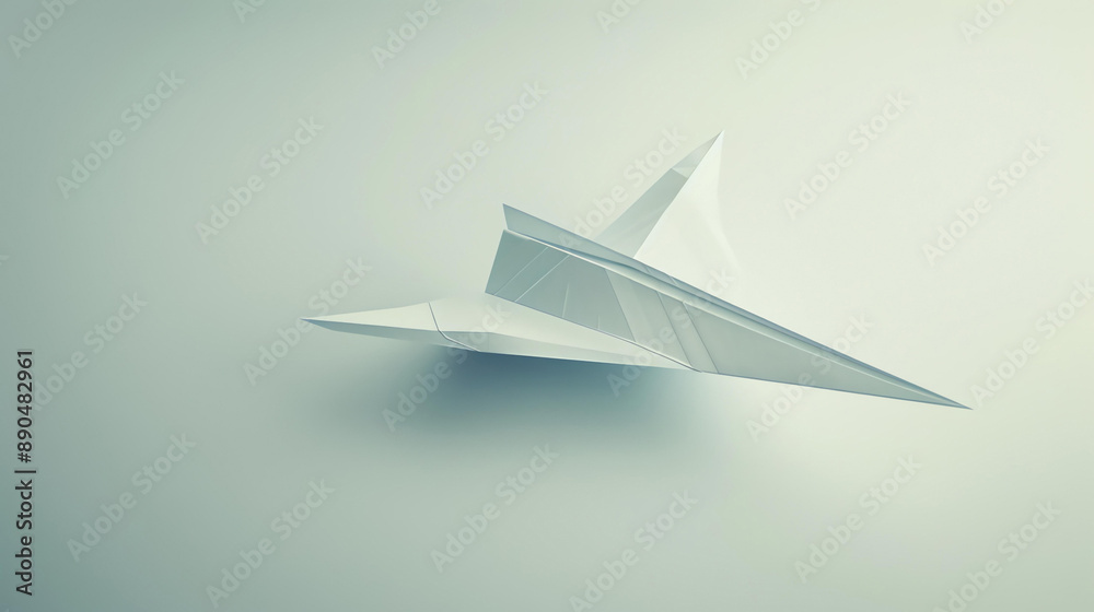 A white paper plane is flying in a blue sky. The plane is made of a ...