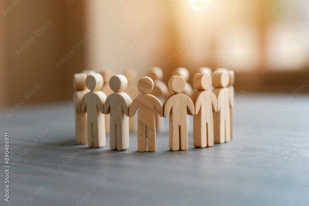 Group of wooden human figures standing in a circle representing teamwork, unity, and community ...
