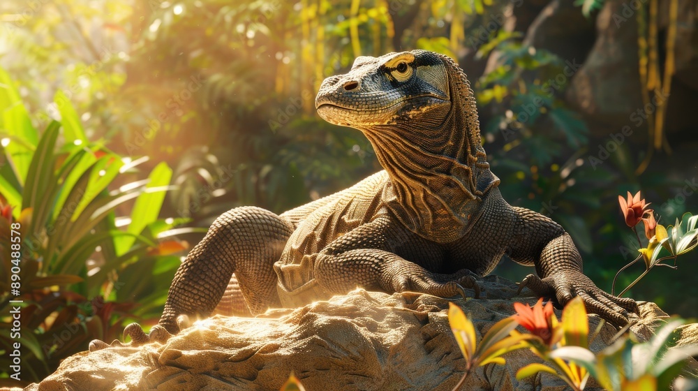 A lizard is laying on a rock in a jungle. The lizard is brown and has ...