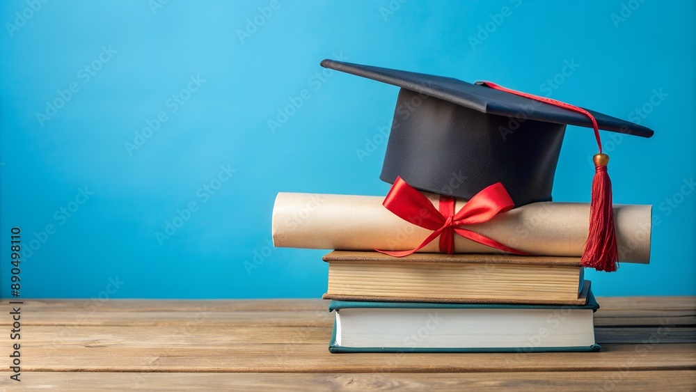 Graduation day.A mortarboard and graduation scroll on stack of books ...