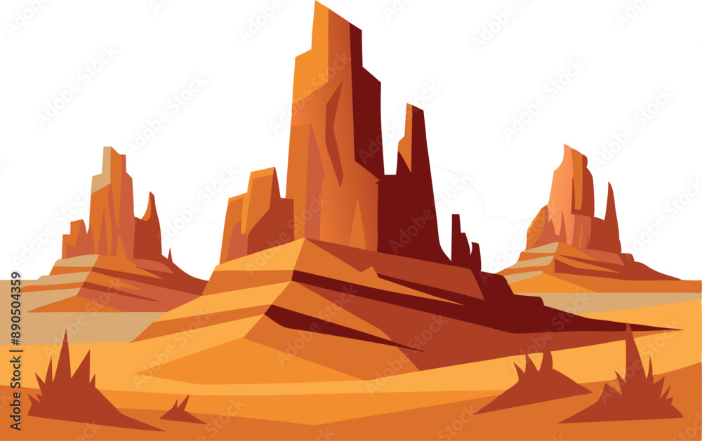 Vector illustration of a desert with towering rock formations and sandy ...