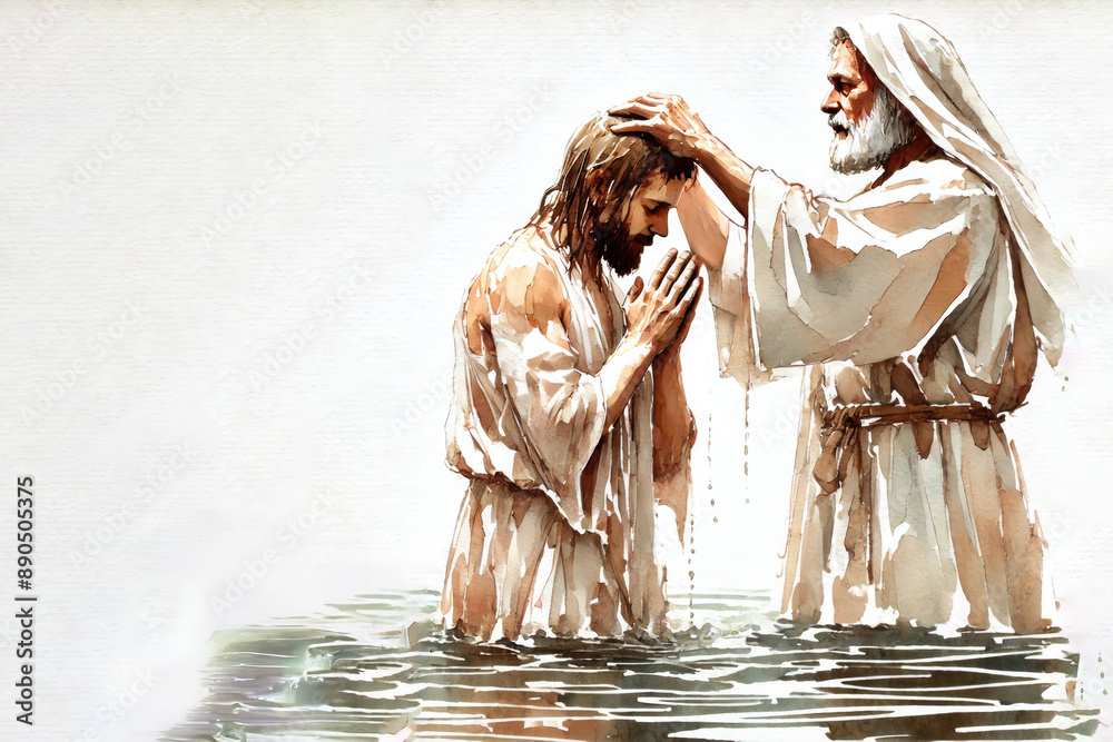 John the Baptist baptizes Jesus in the Jordan. Digital painting on ...
