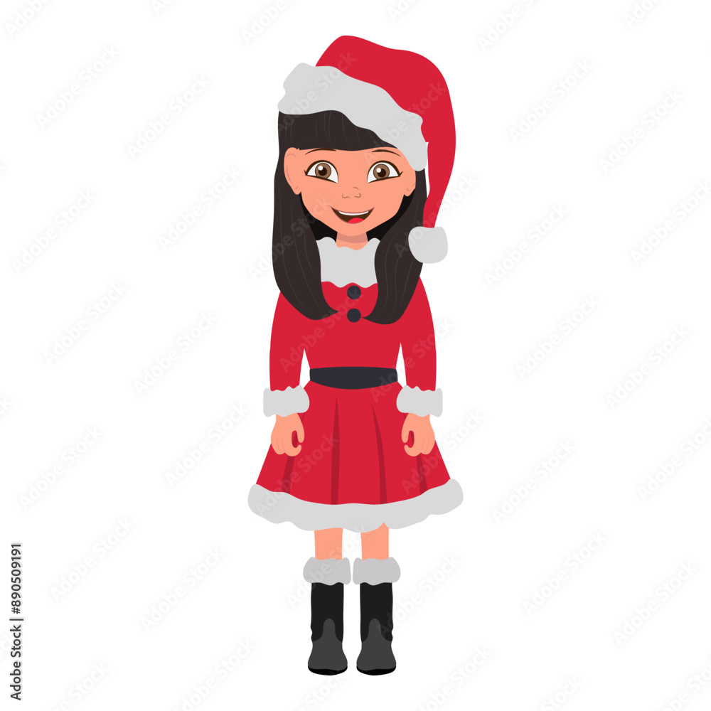 Flat Vector Illustration of Kid Girl Wearing Santa Costume, Cartoon ...