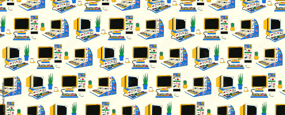 Seamless pattern with retro desktop computer with 90s-00s aesthetics ...