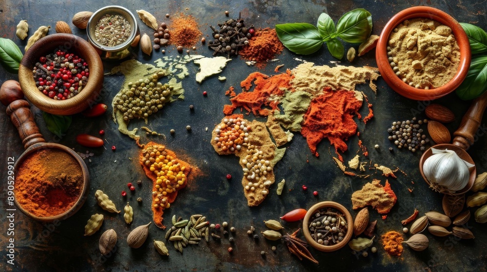 World map creatively depicted using various spices and herbs ...
