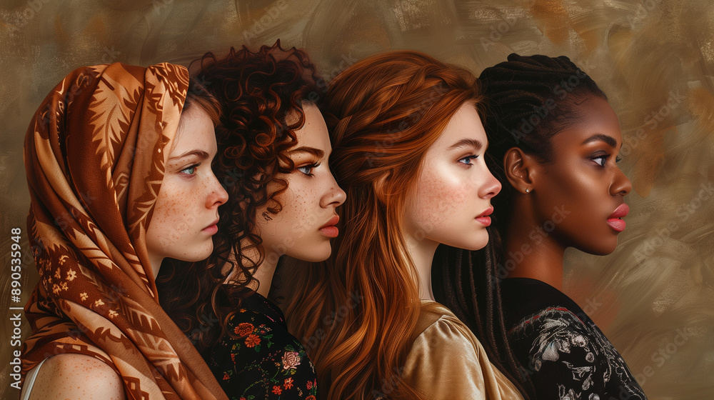 The photo depicts four young women of different ethnic backgrounds ...