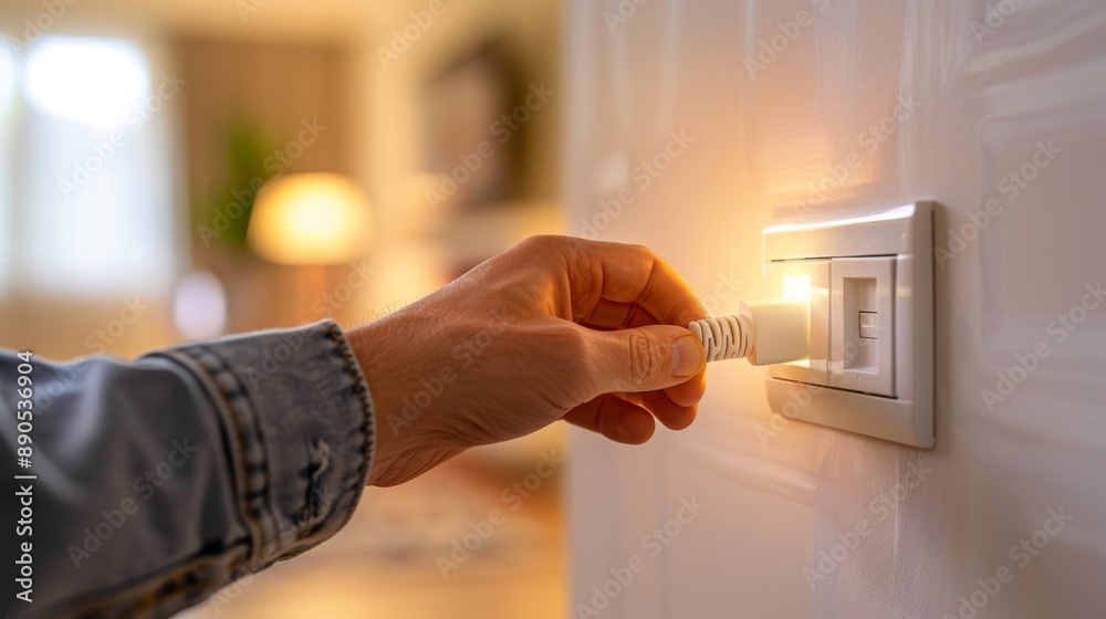 Hand inserting a power plug into a wall socket, with a clear view of ...