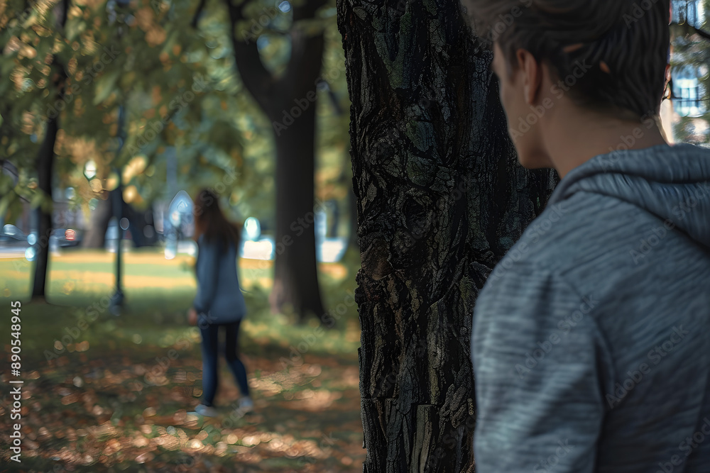 Back view of man stalking woman. Hiding behind tree in public park with ...