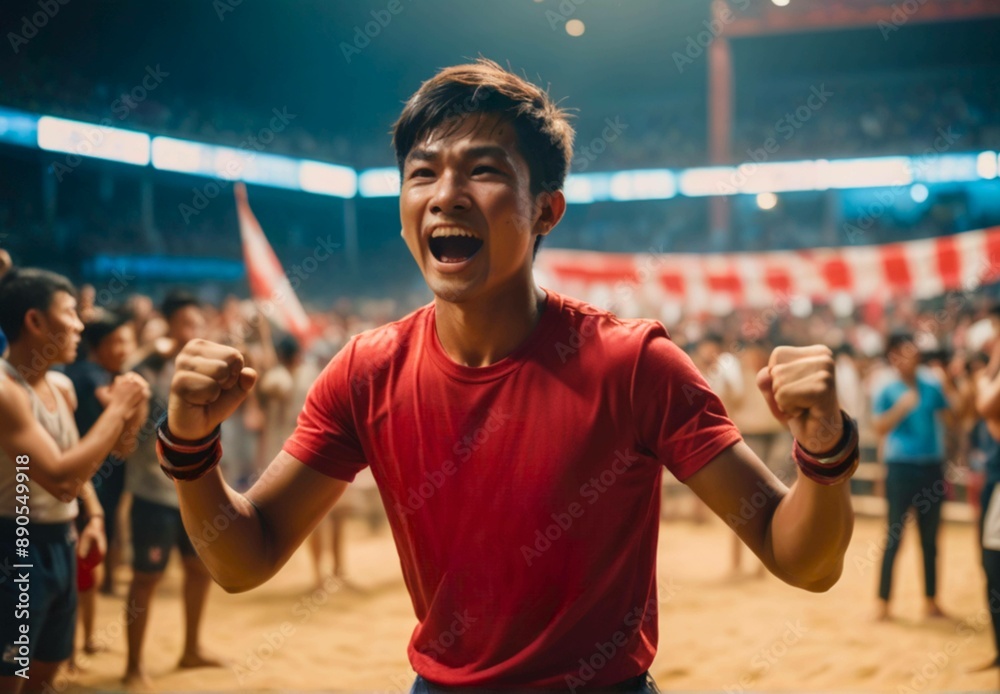 Imagine a dynamic anime-style illustration of a man cheering for Muay ...