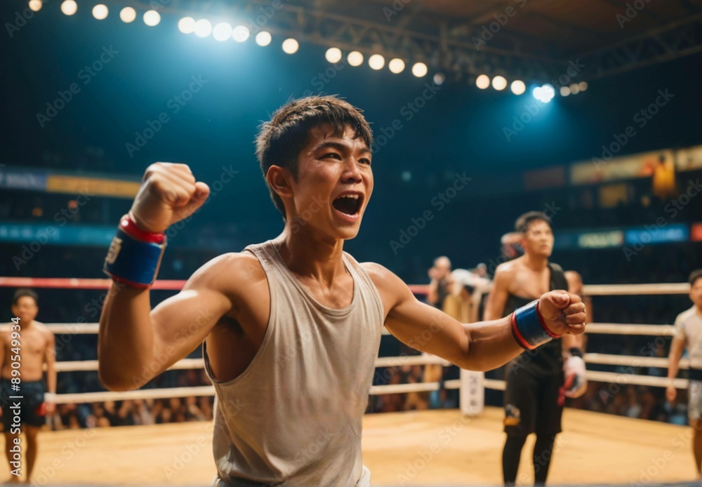 Imagine a dynamic anime-style illustration of a man cheering for Muay ...