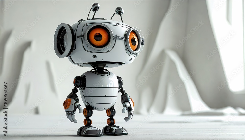 A 3D clipart of a cheerful cartoonish robot with big eyes and a wide ...