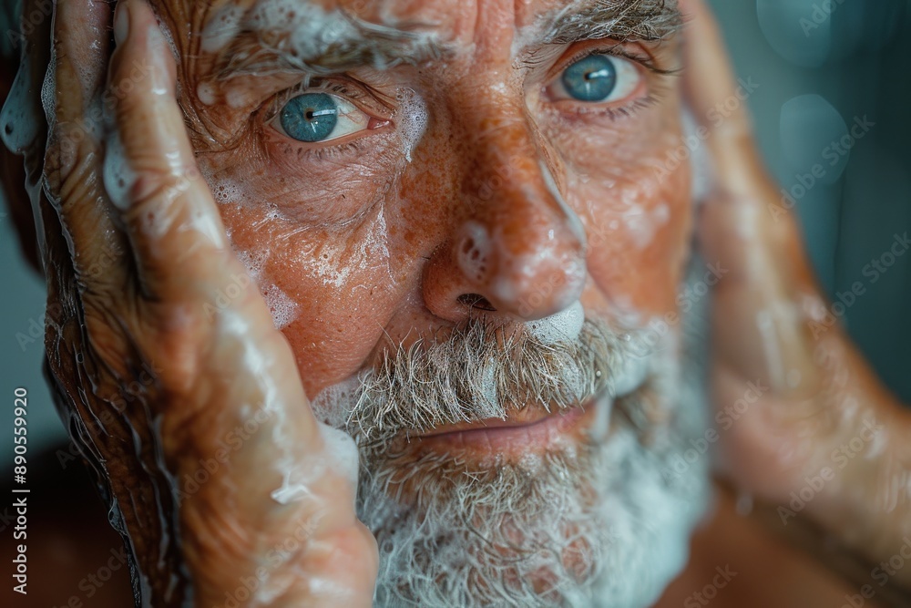 A person is seen washing their face with soap and clean running water ...