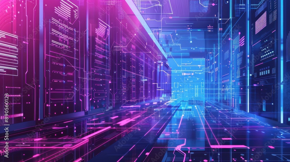 Futuristic data center with glowing server racks and vibrant neon ...