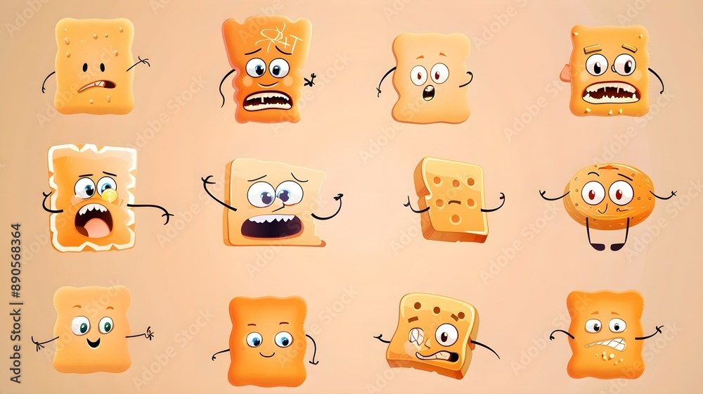 Cartoon characters of crackers, featuring cute cookies with various ...