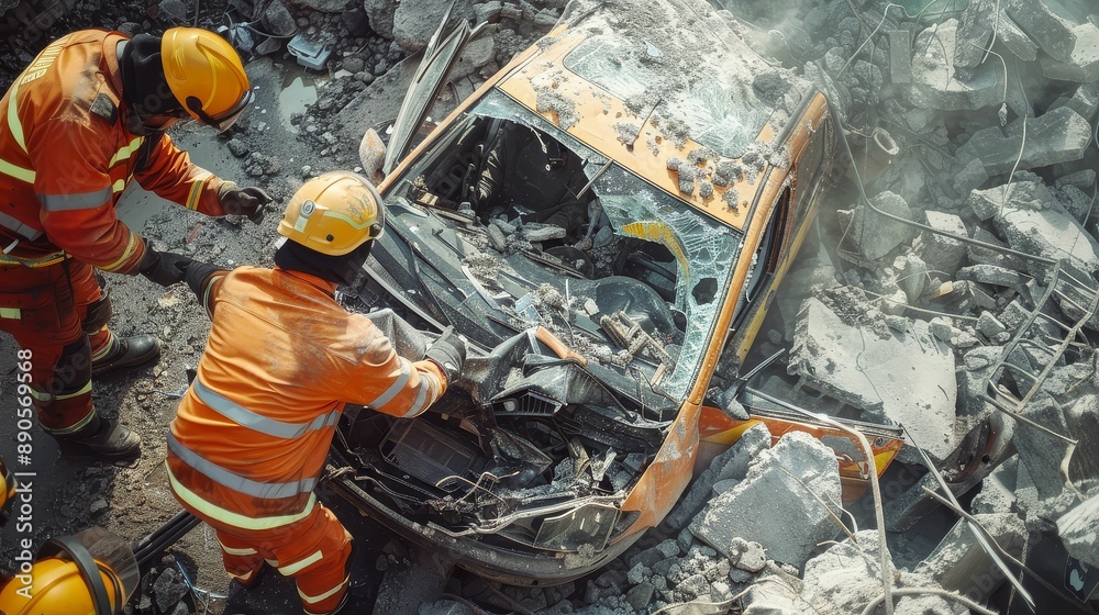 Rescue teams using hydraulic tools to free passengers trapped in a ...