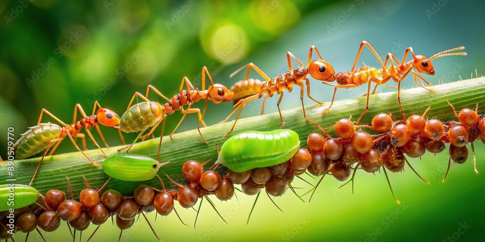 Red ants swarming and attacking green caterpillar on plant, Red ants ...