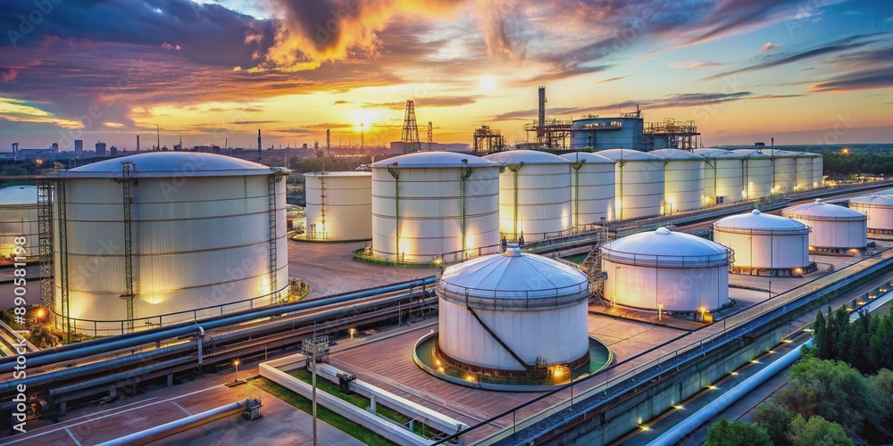Oil and gas terminal storage tank farm with multiple large tanks, tank ...