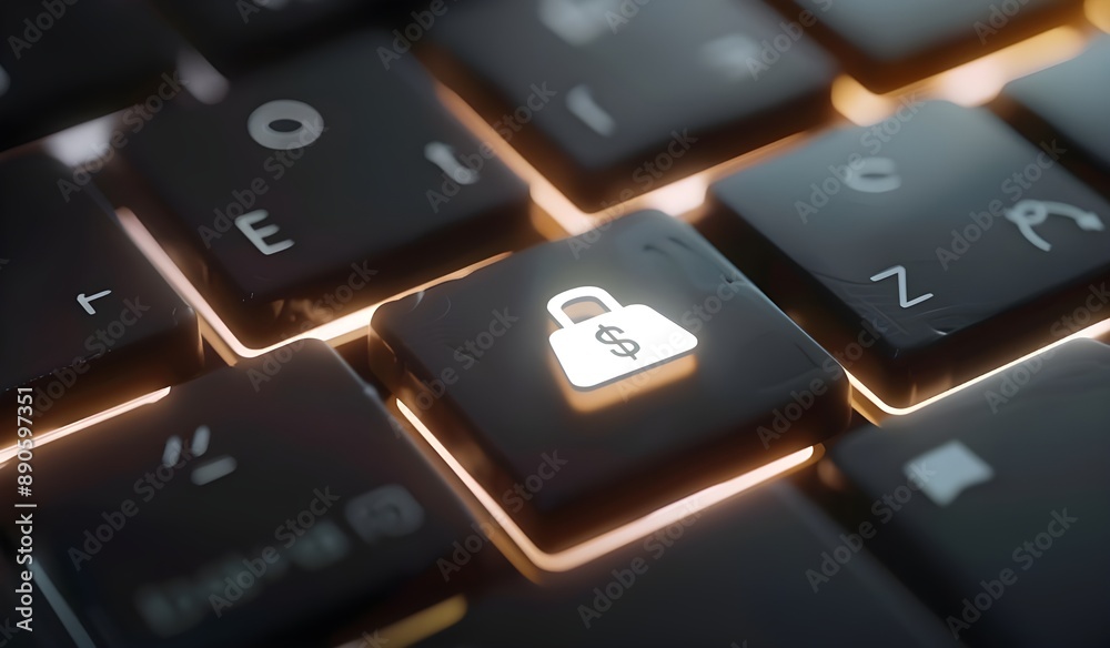 Black keyboard key with white glowing money bag icon and arrow symbol ...