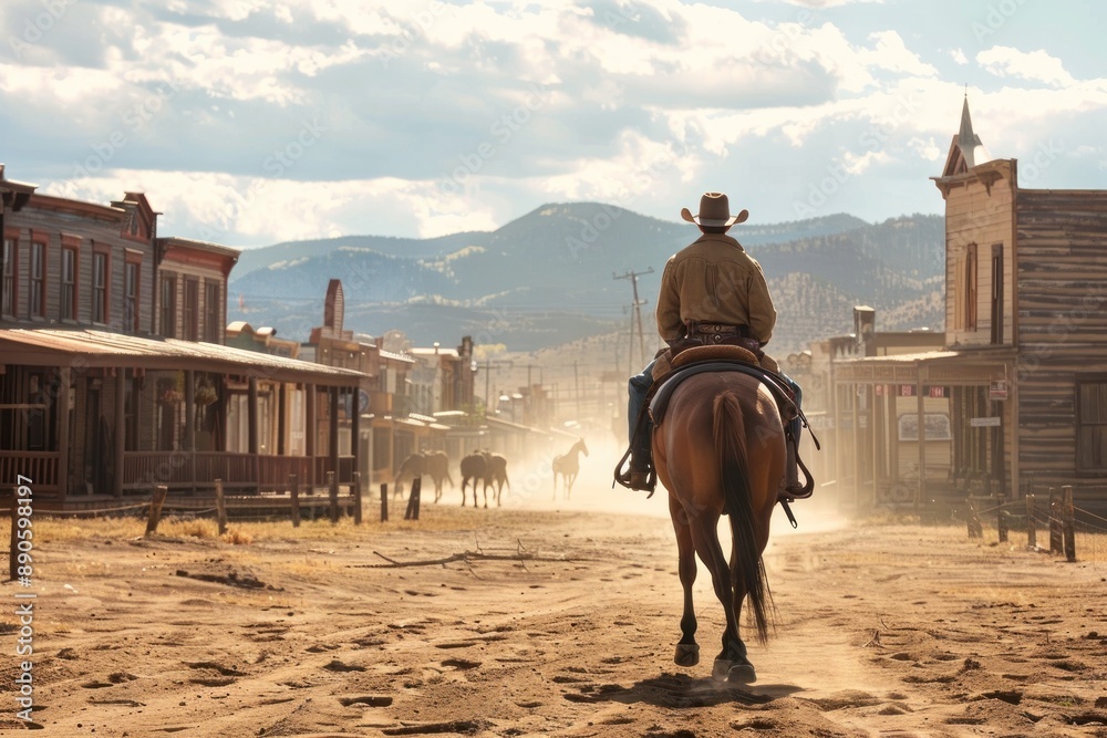 Back view of cowboy riding on a horse, western movie scene in wild west ...